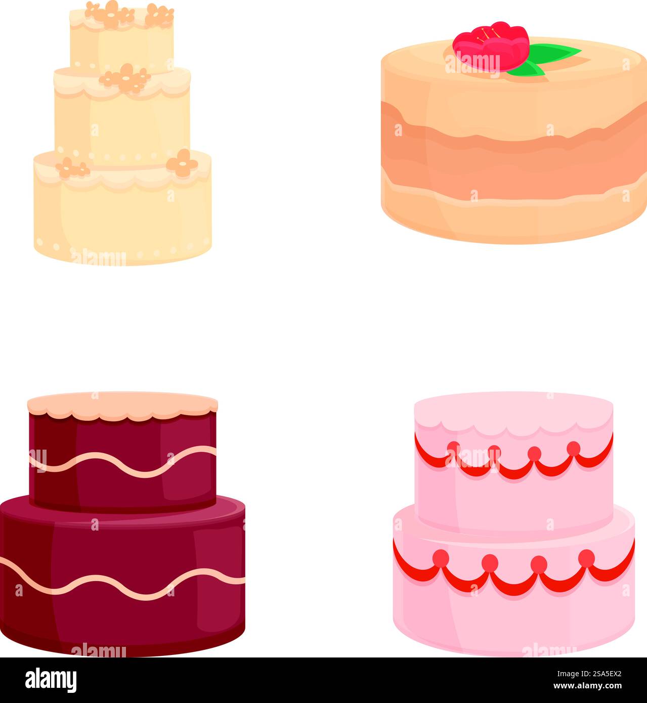 Collection of four illustrated cartoonstyle wedding cakes in various ...