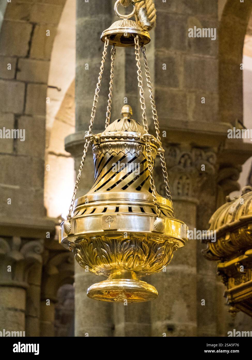 The Botafumeiro, famous silver thurible, that hangs in the central nave ...