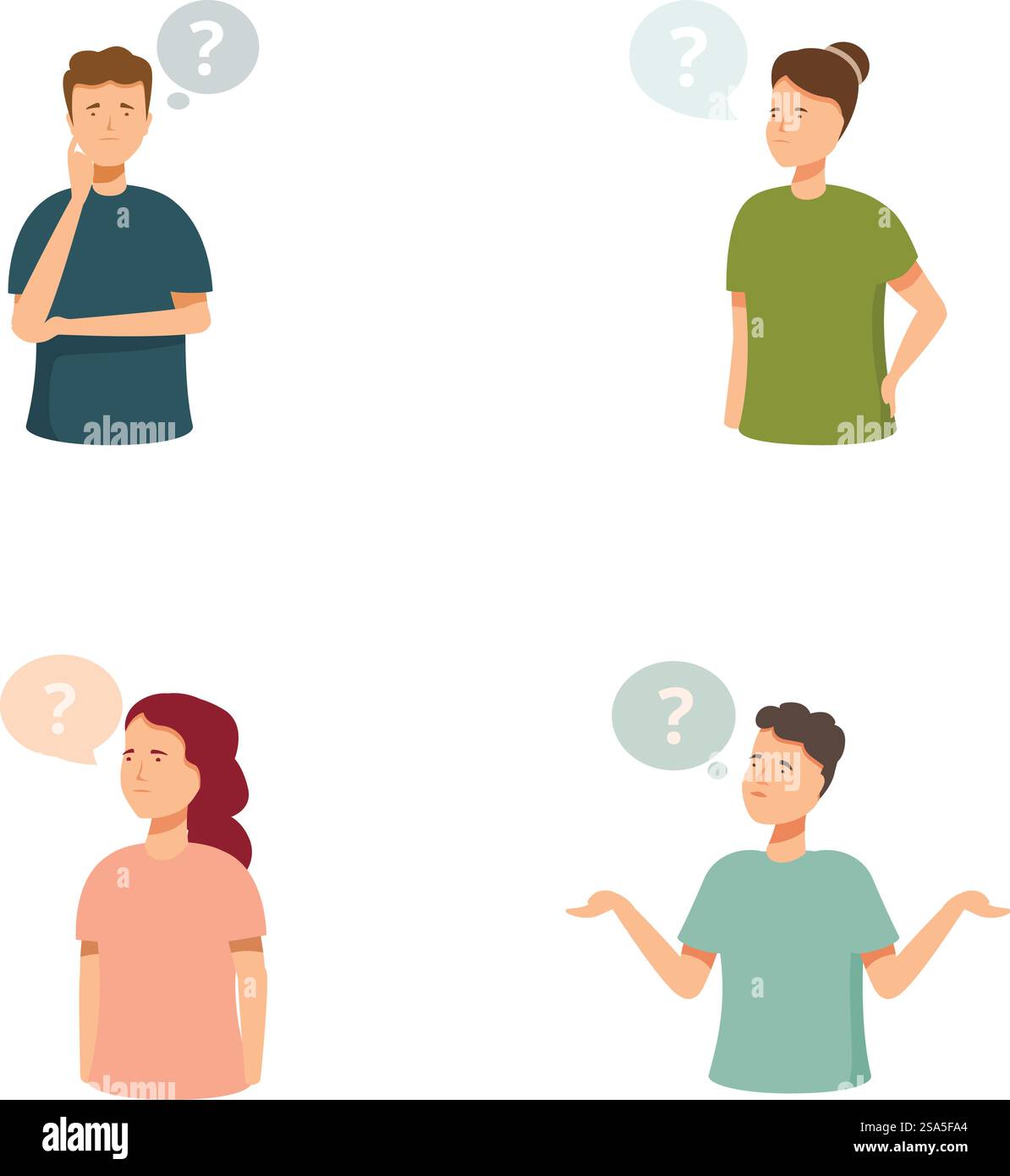 Collection of four diverse characters expressing confusion and ...