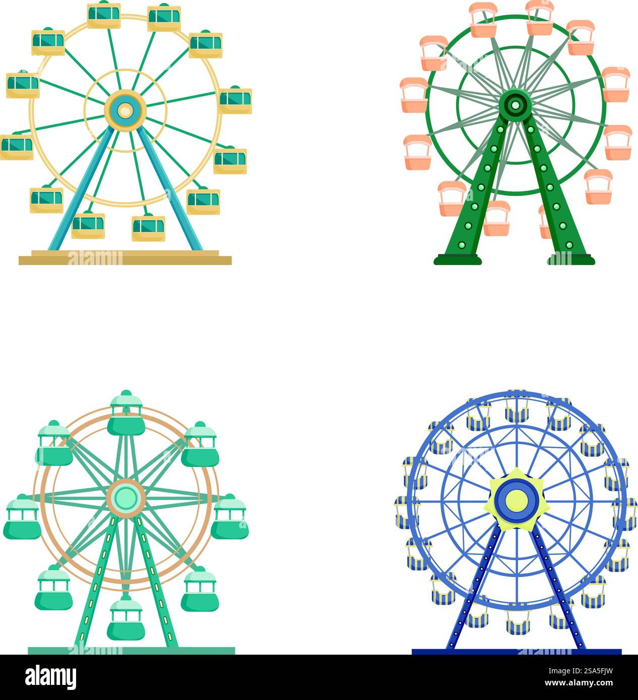 Collection of four stylized vector illustrations of ferris wheels in various colors. Colorful ...