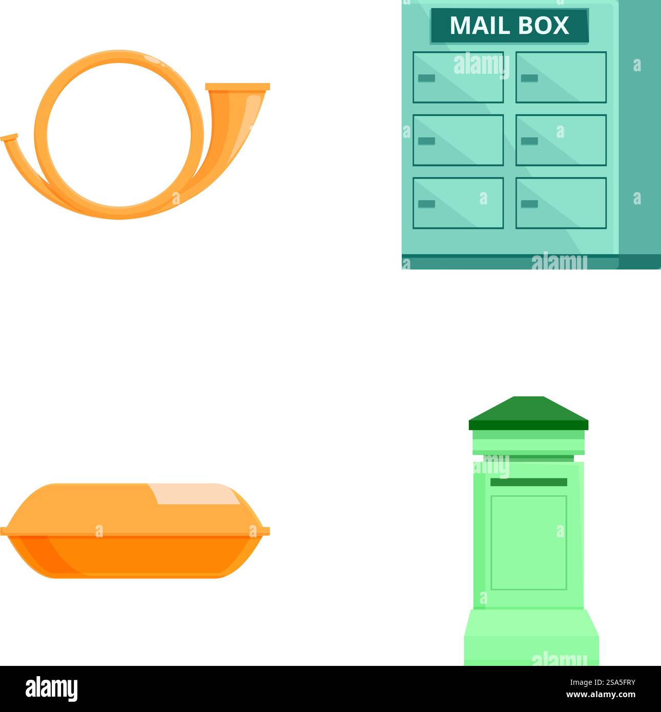 Collection of four flat design postal icons including a horn, mailbox ...