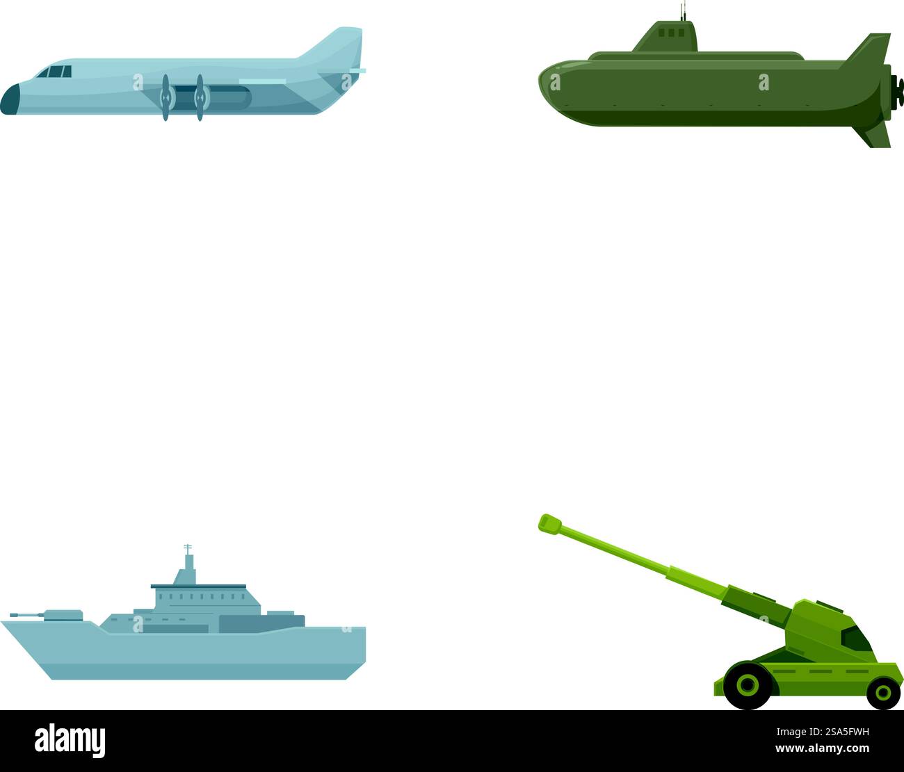 Flat design vector illustration of military vehicles icons set including war machines such as ...