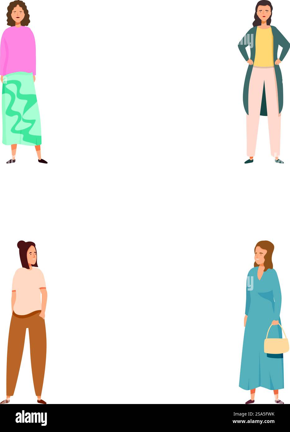 Collection of four women with different outfits and postures in flat ...