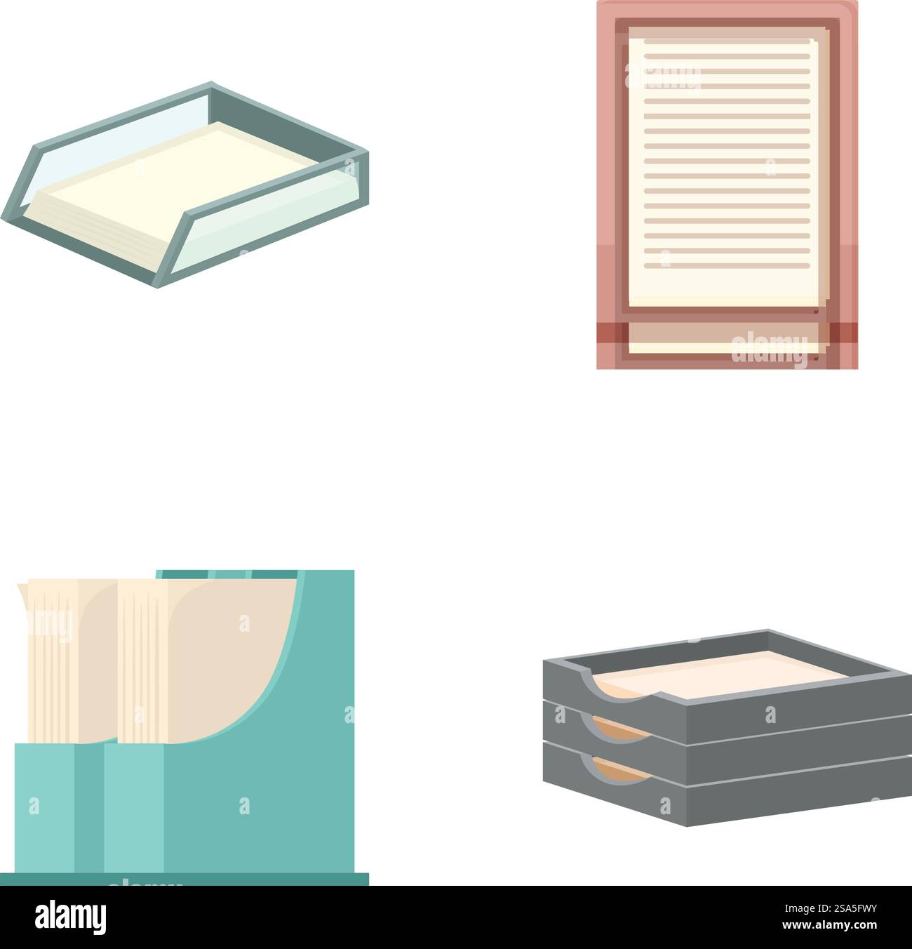 A set of four isolated vector illustrations of office supplies, including a paper tray, a closed ...