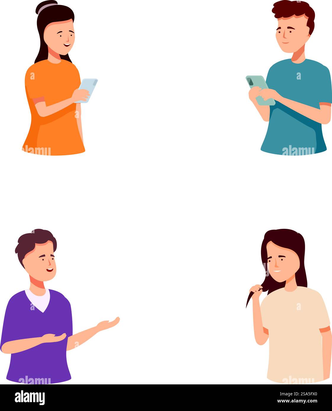 Illustration set of people engaging with smartphones and conversing ...
