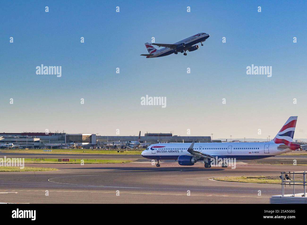 London, England, UK - 3 January 2025: British Airways Airbus A321 Neo jet (G-NEOV) taxiing at ...