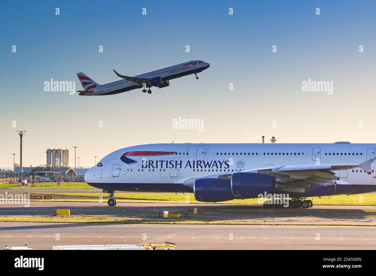 London, England, UK - 3 January 2025: British Airways Airbus A380 jet (G-XLEG) taxiing for take ...