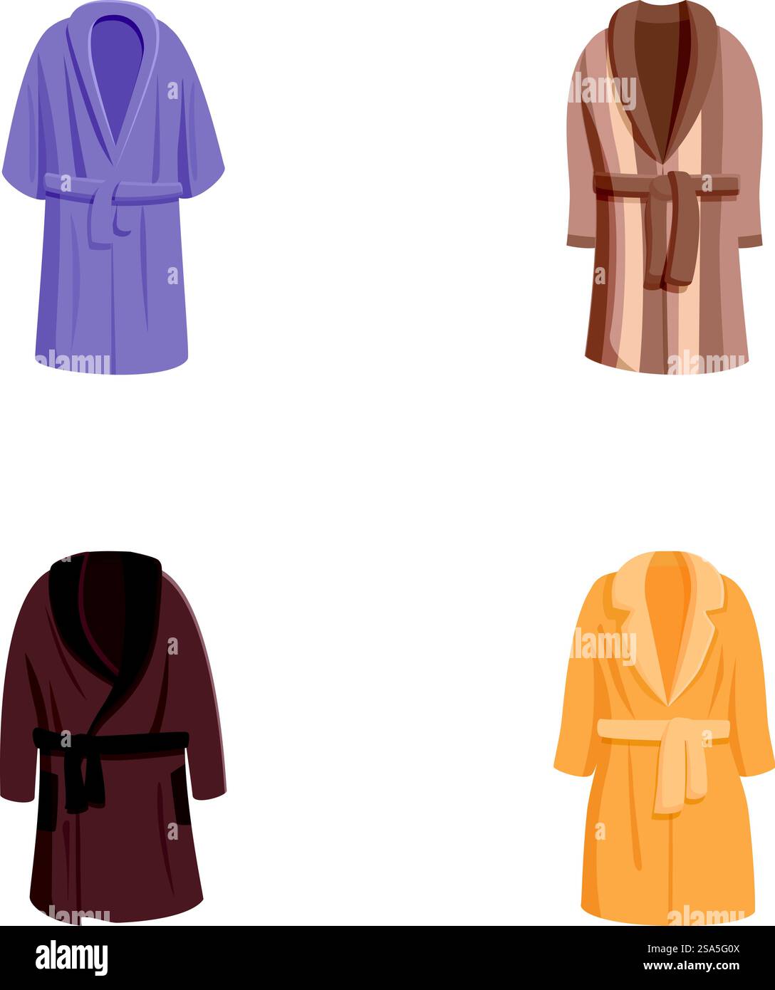 Collection of four cartoonstyle bathrobes in different colors isolated ...