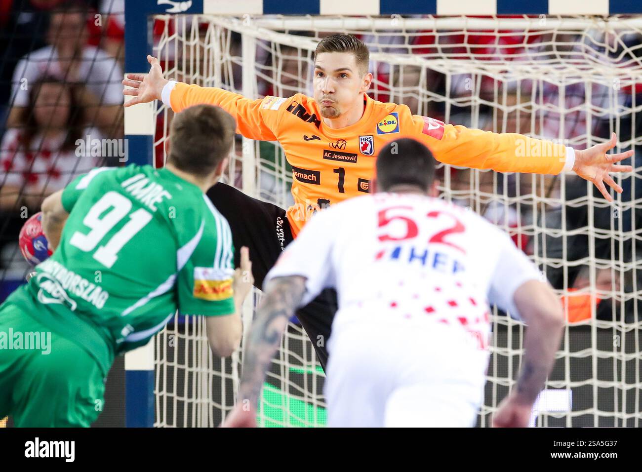 Zagreb, Croatia. 28th Jan, 2025. Goalkeeper of Croatia Dominik Kuzmanovic in action during the ...