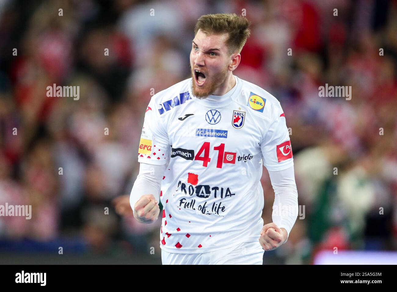 Tin Lucin of Croatia celebrates a goal during the 2025 IHF Men's ...