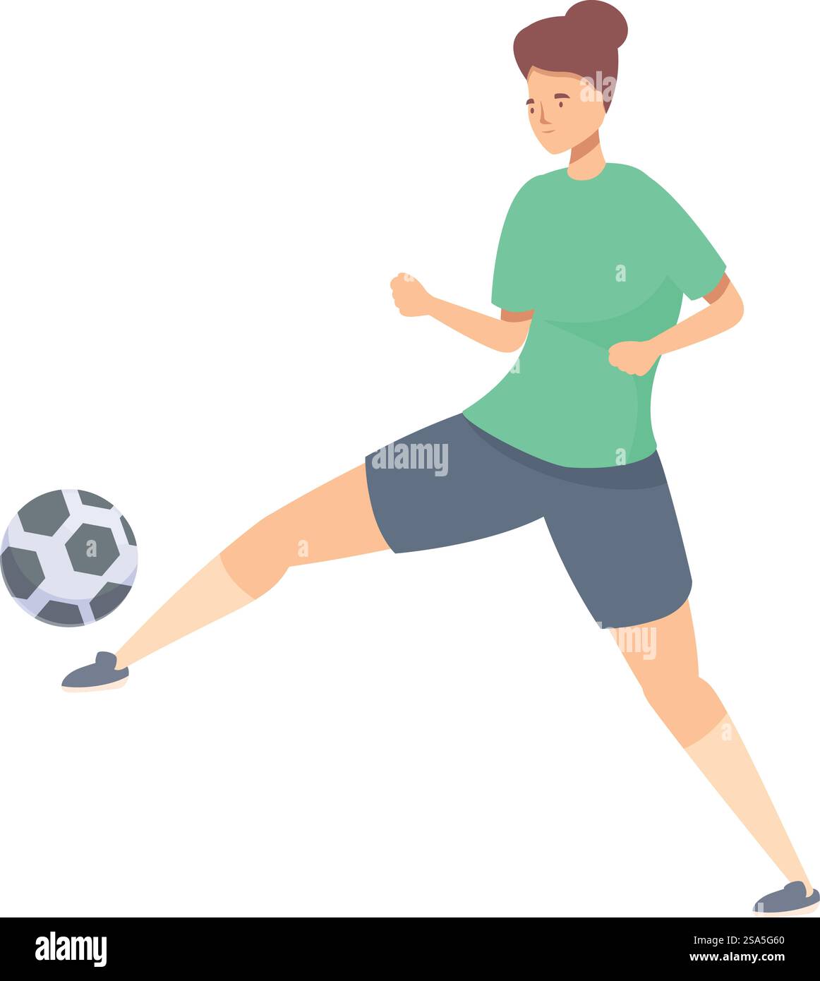 Female athlete is playing soccer, dribbling the ball down the field ...