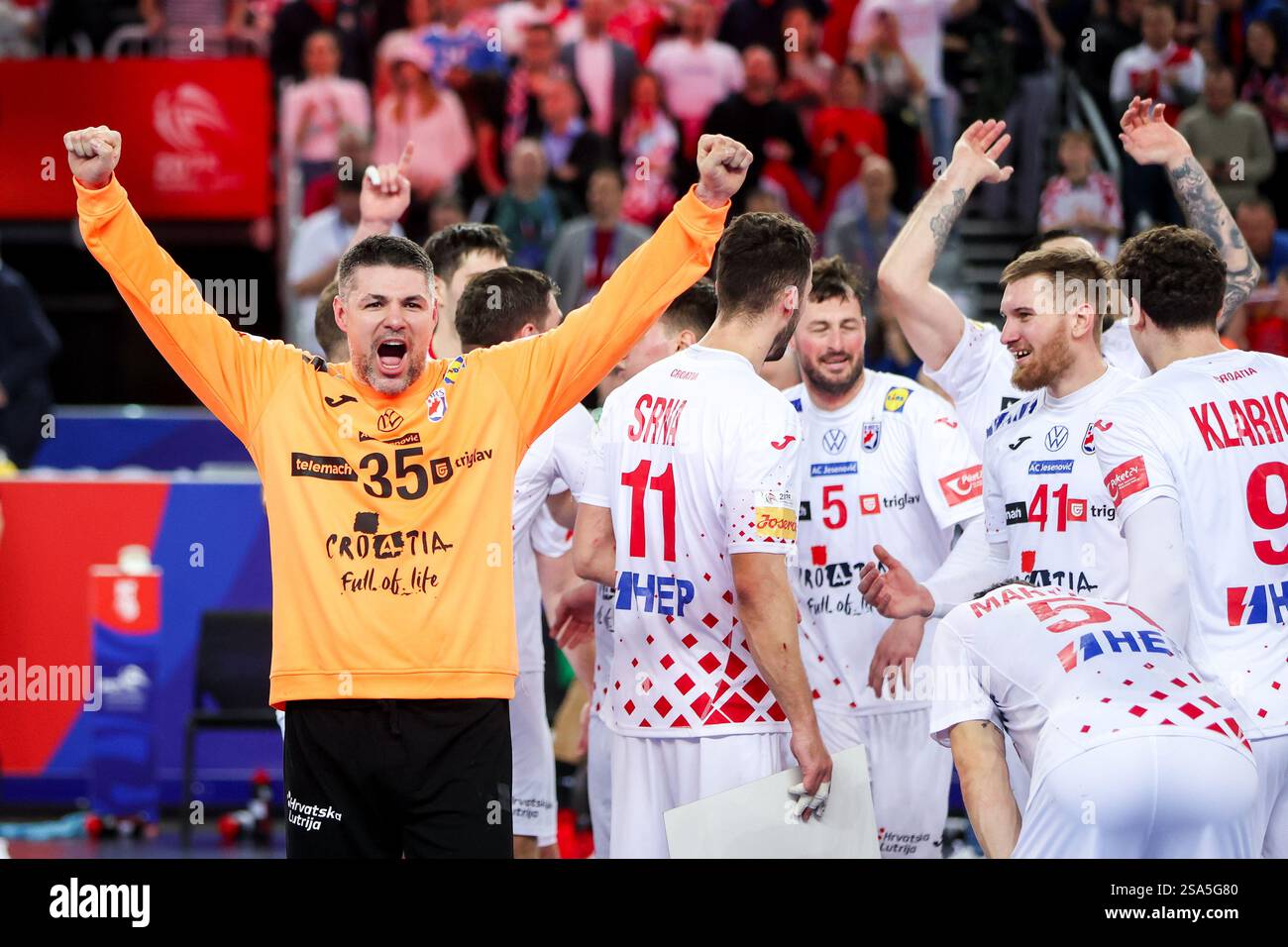 Zagreb, Croatia. 28th Jan, 2025. Goalkeeper of Croatia Ivan Pesic celebrate after the 2025 IHF ...