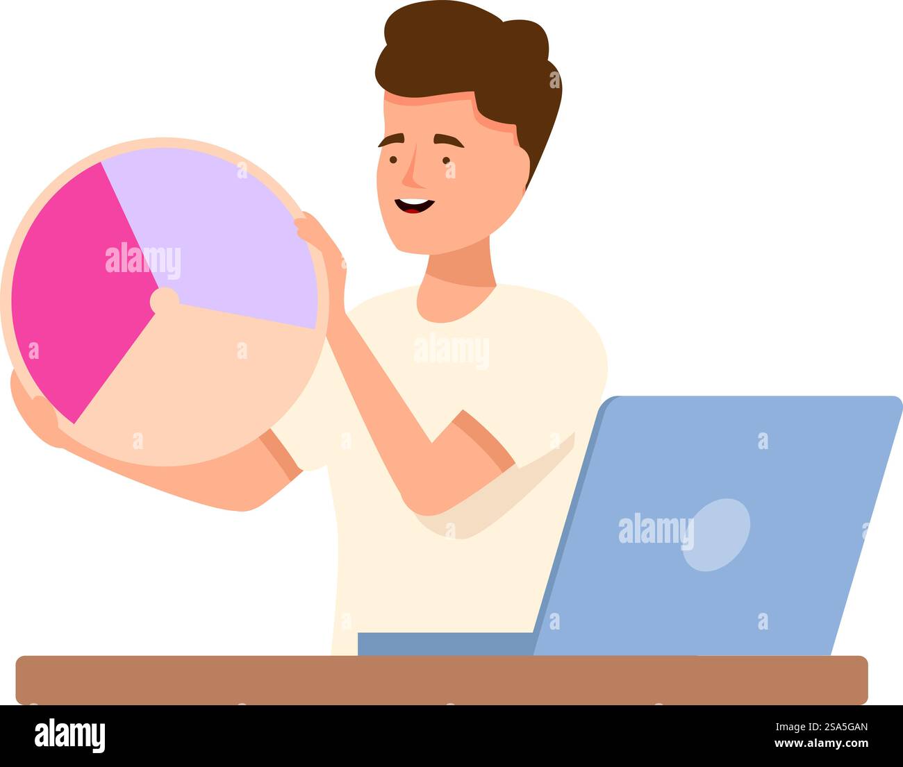 Young businessman holding a big pie chart and working on his laptop ...
