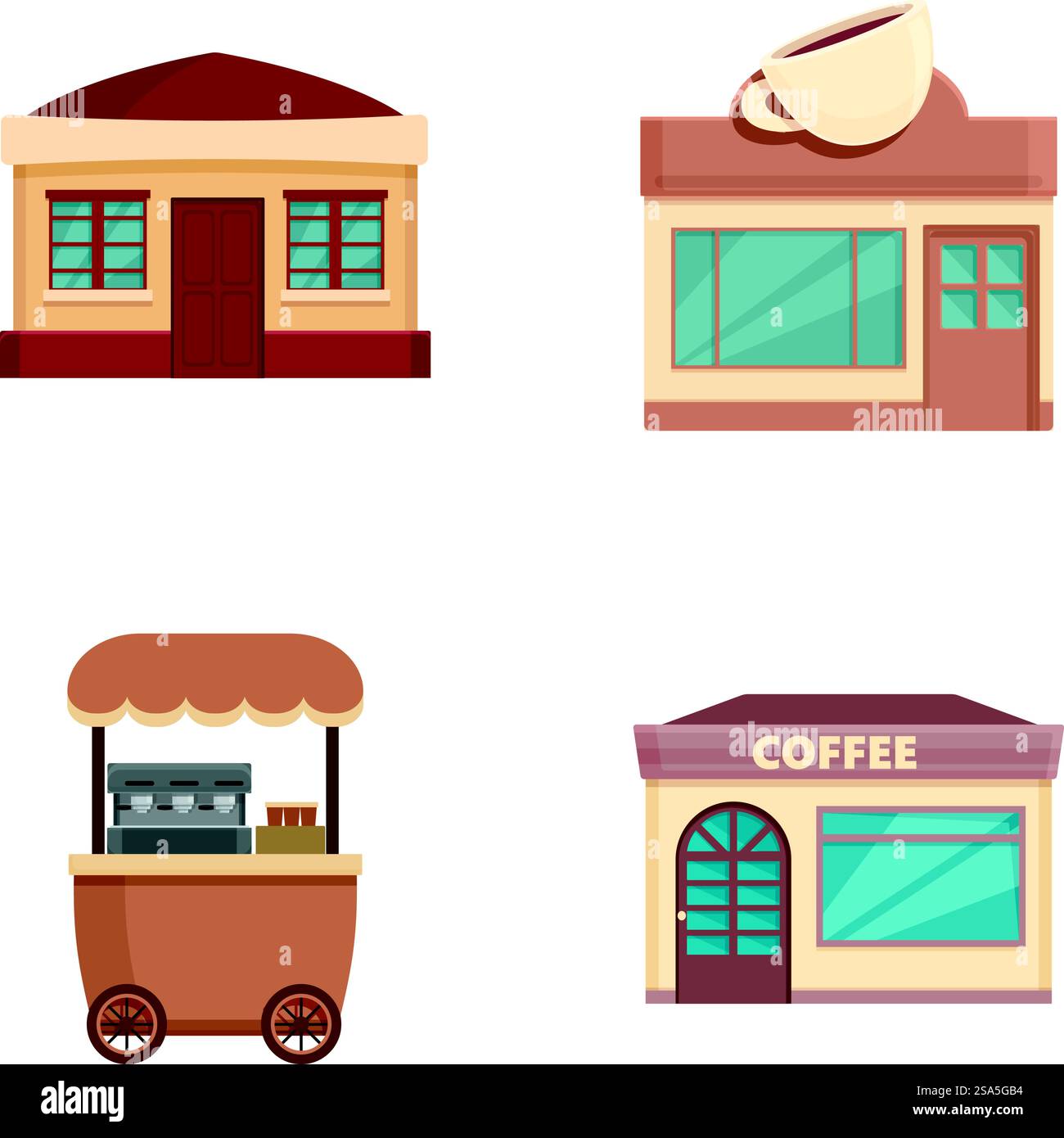 Set of four cartoonstyle coffee shop buildings and carts hi-res stock photography and images - Alamy