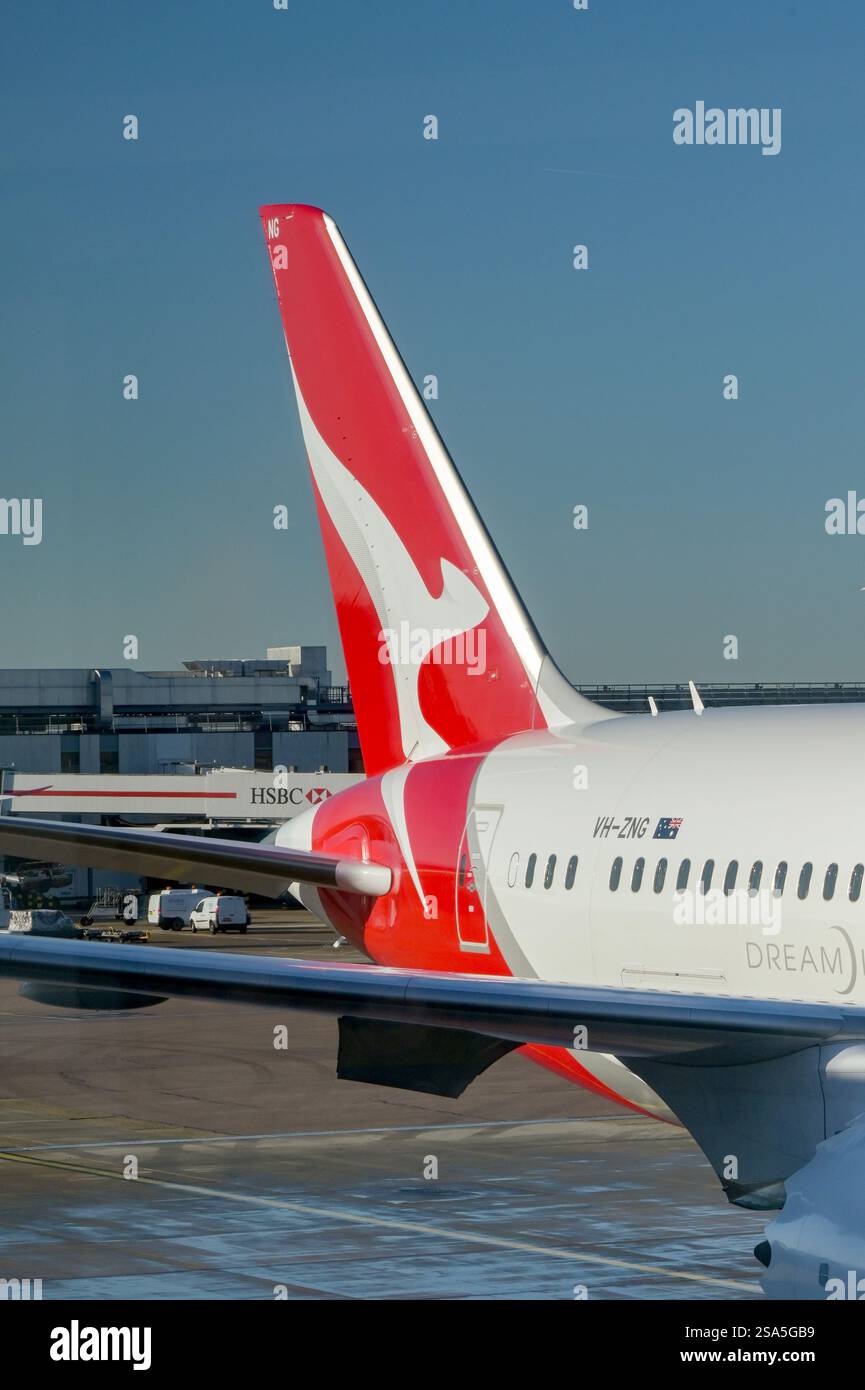 London, England, UK - 3 January 2025: Tail fin of a Boeing 787 jet ...