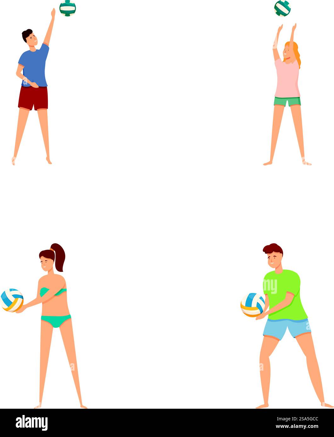 Set of cartoon characters playing beach volleyball, isolated on a white ...
