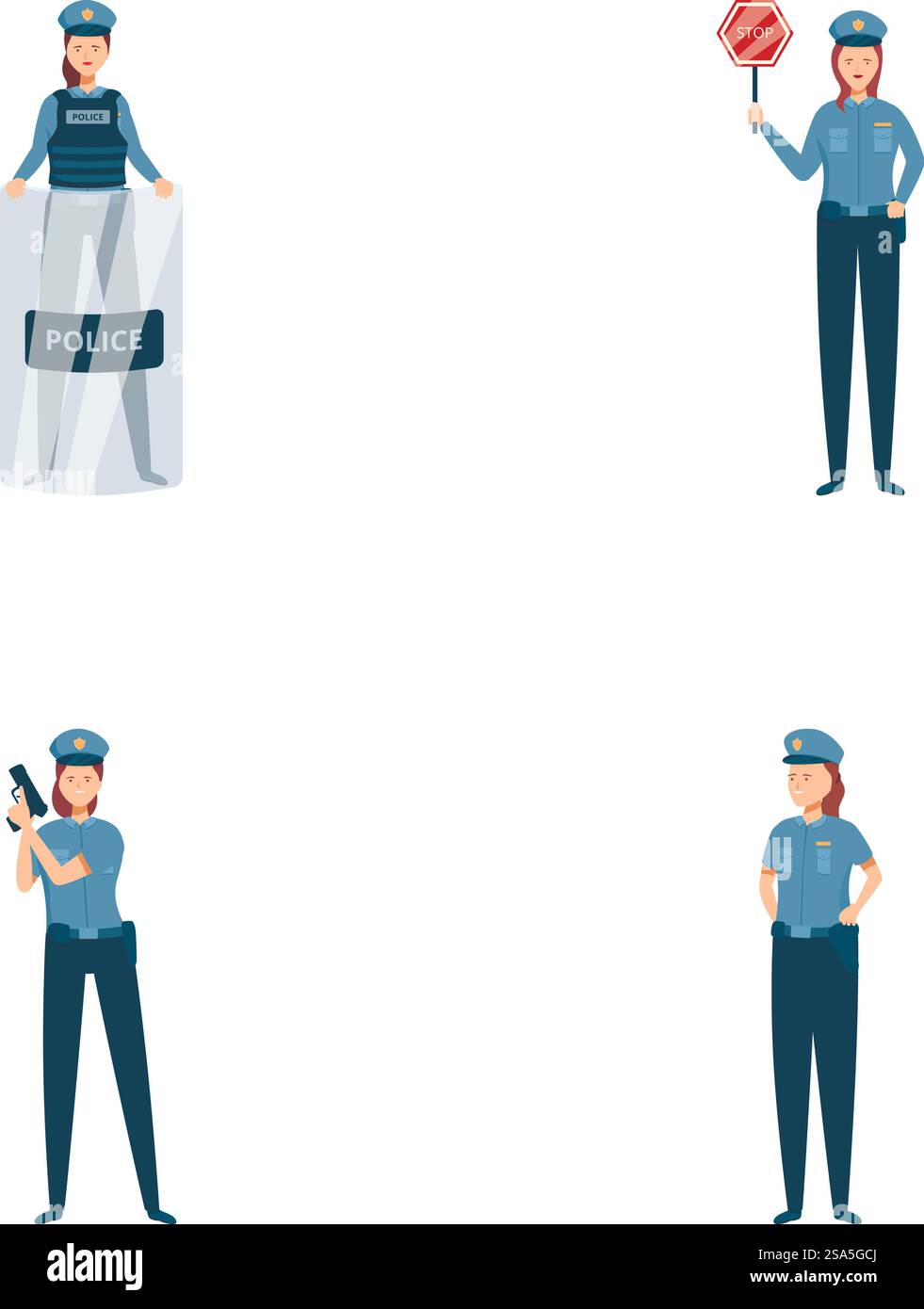 Collection of four illustrated police characters in uniform ...
