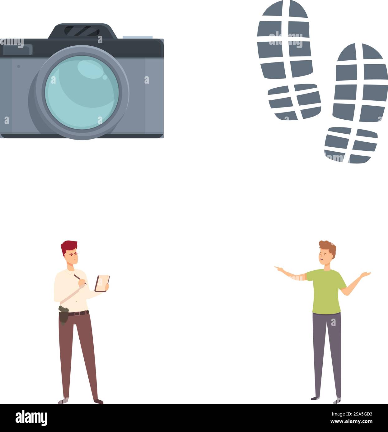 Vector set featuring a camera, boot prints, and two male figures with a ...