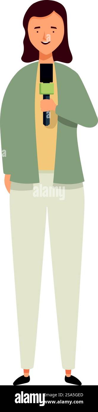 Confident and professional journalist is delivering a live news report, holding a microphone ...