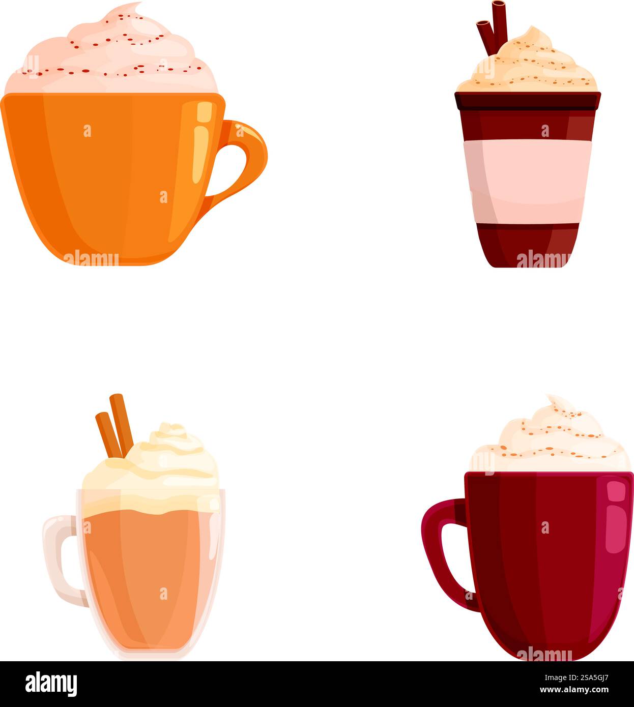 Set of four cartoon coffee drinks in various cups and mugs, perfect for ...