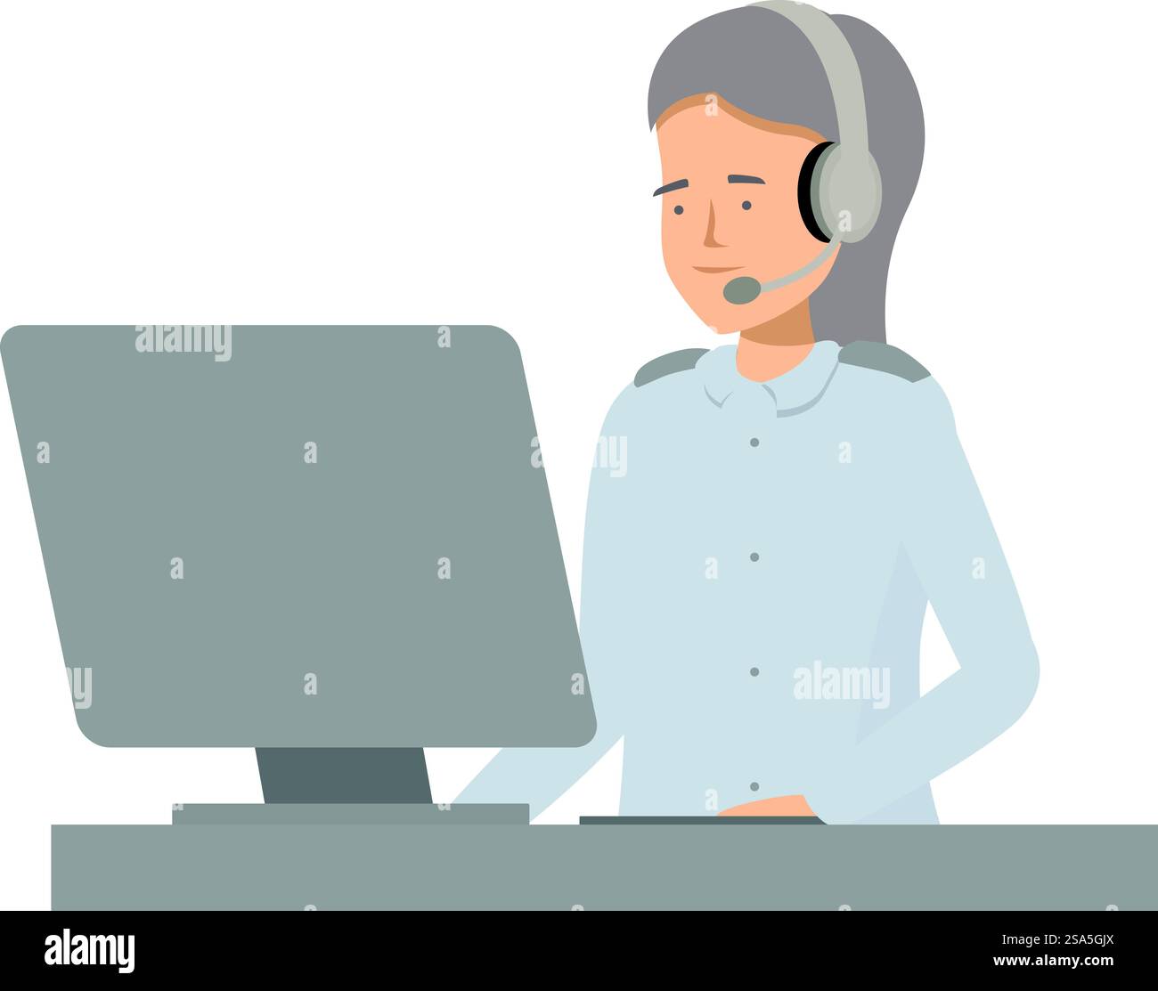 Female operator wearing headset working at her desk on computer. Woman ...