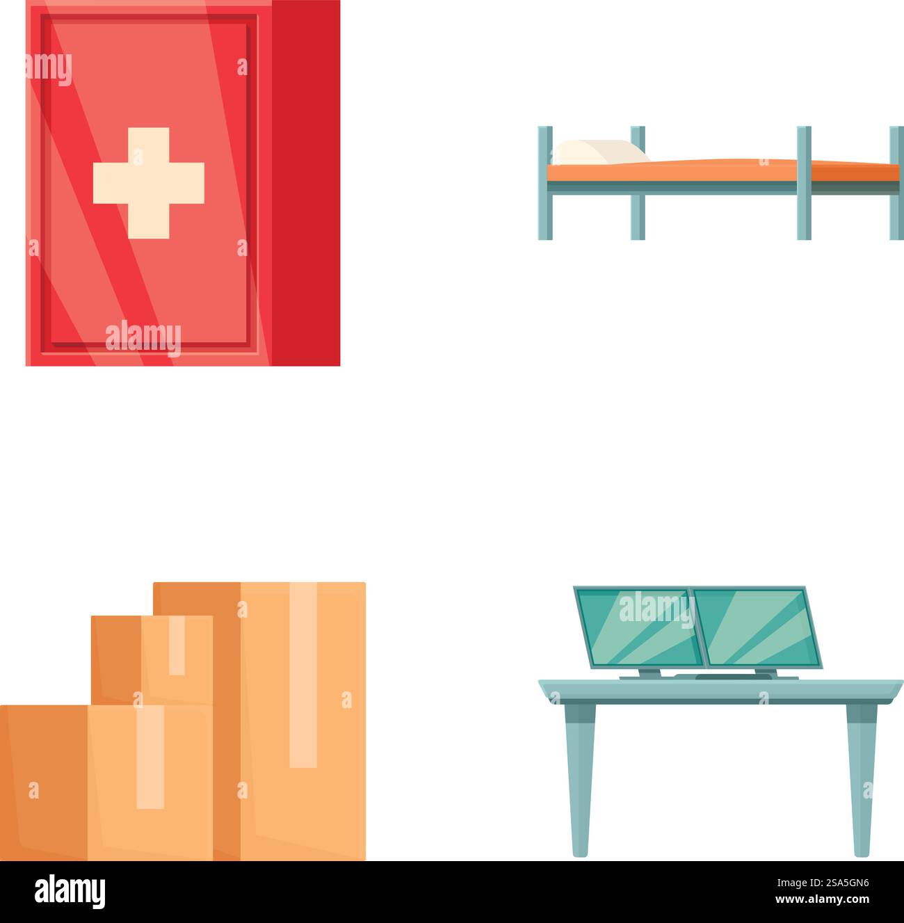 Vector illustration set featuring a first aid kit, bed, cardboard boxes ...