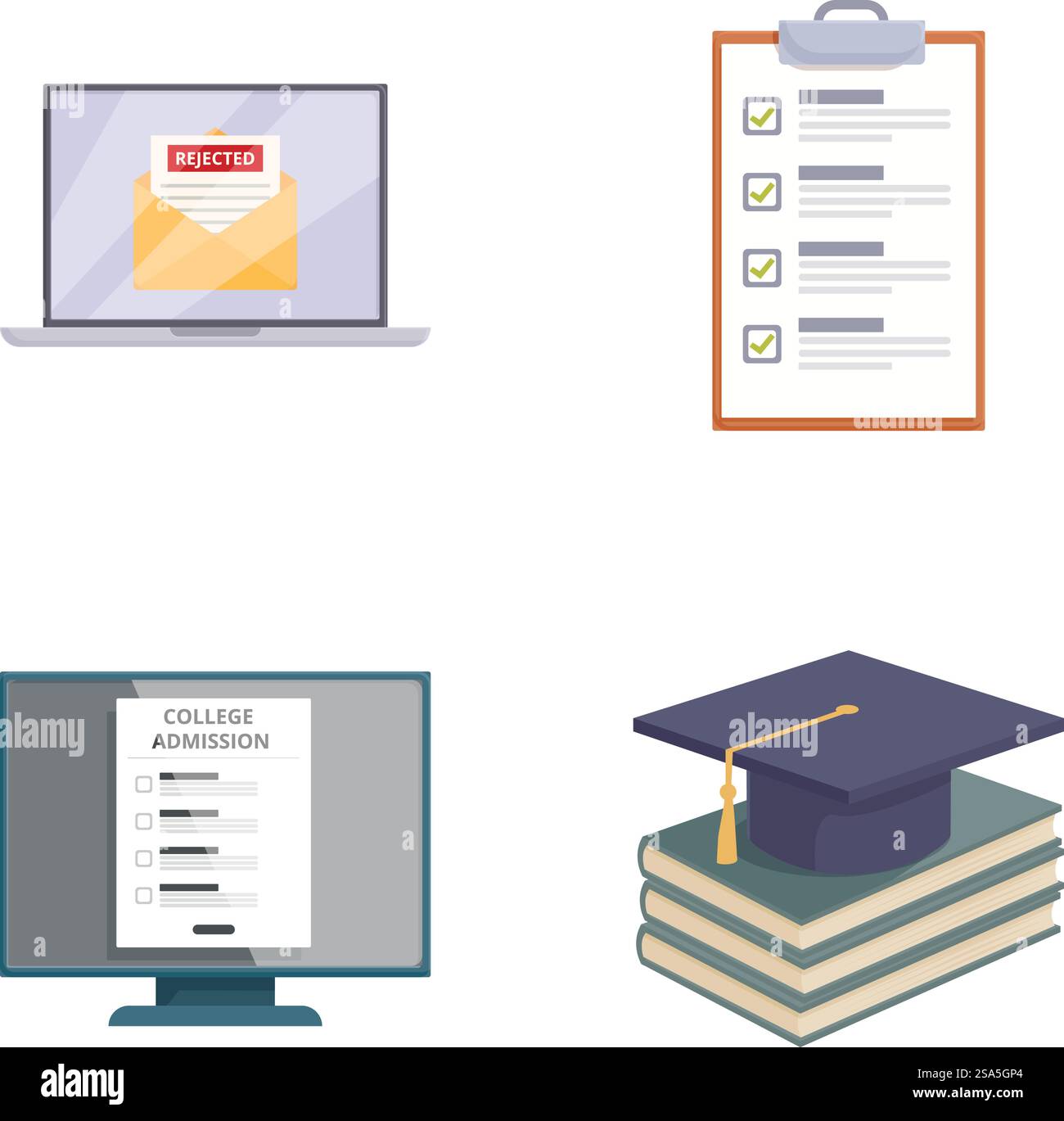 Set of illustrations featuring online rejection, checklist, college admission, and academic cap ...