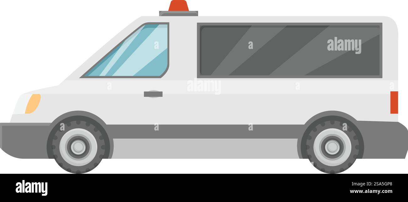 Side view of a white passenger minivan with flashing light driving on ...