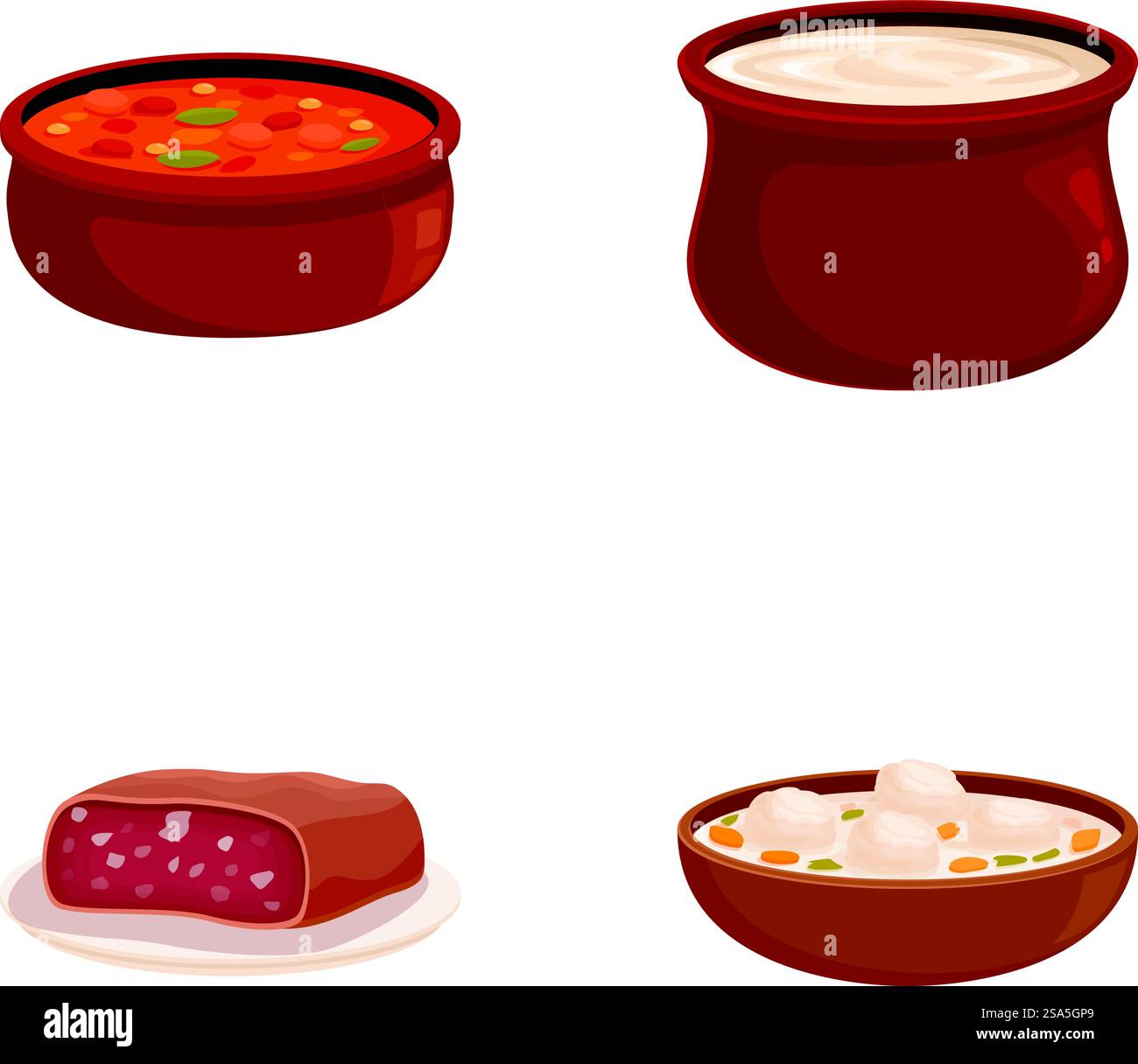 Collection of four illustrated dishes including soup and stew in a ...