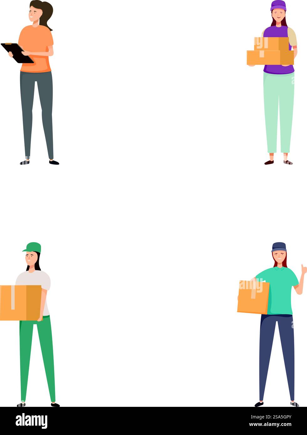 Collection of four diverse delivery people each holding a package. Set ...