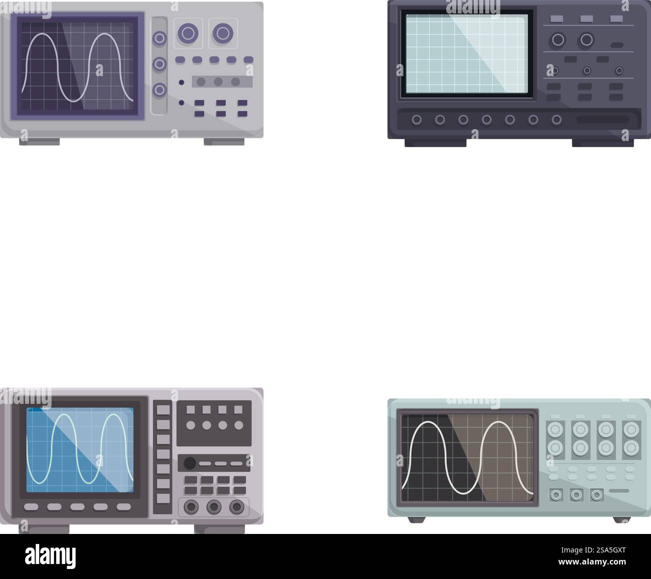 Four digital oscilloscopes with varying displays and controls, isolated ...