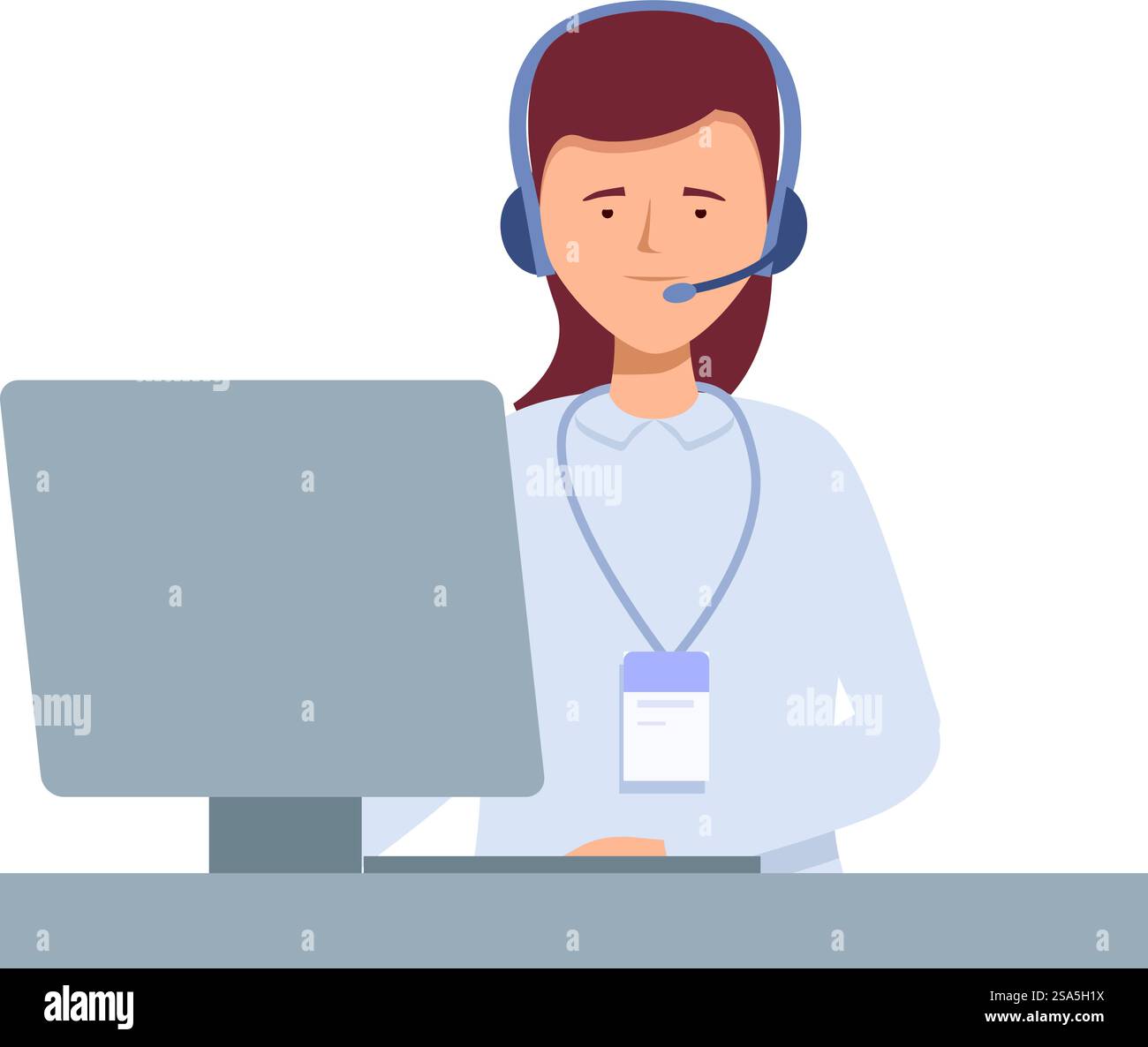 Customer service representative wearing a headset is working on her computer. Female customer ...