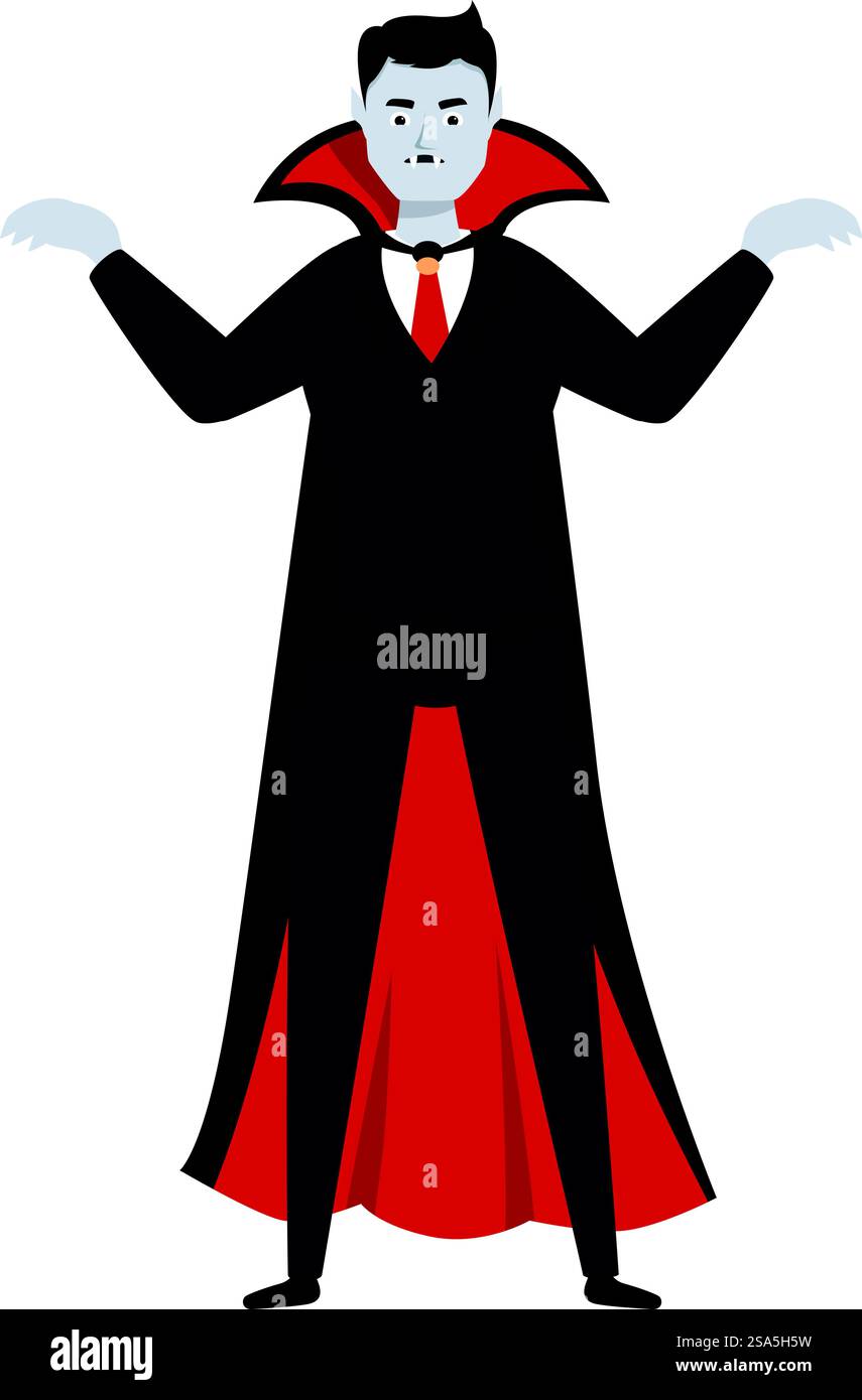 Elegant vampire count wearing suit and cape is spreading his arms ...