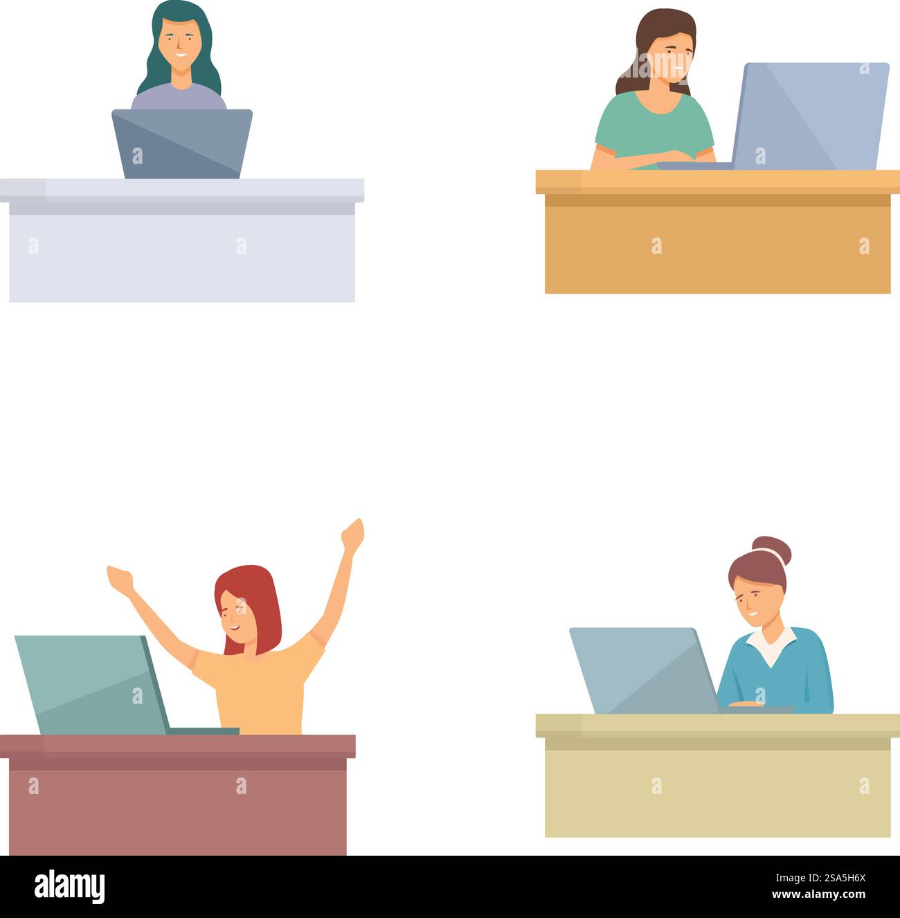 Illustrative set of women at desks displaying different work attitudes ...