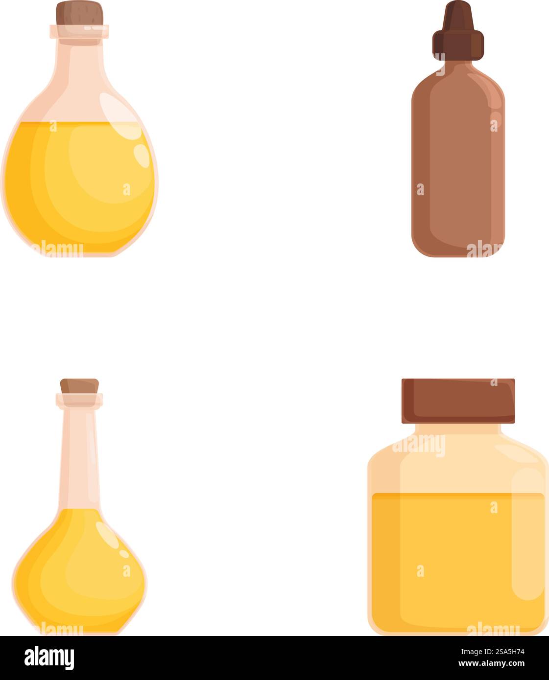Illustration of four different cartoon oil bottles in a clean ...