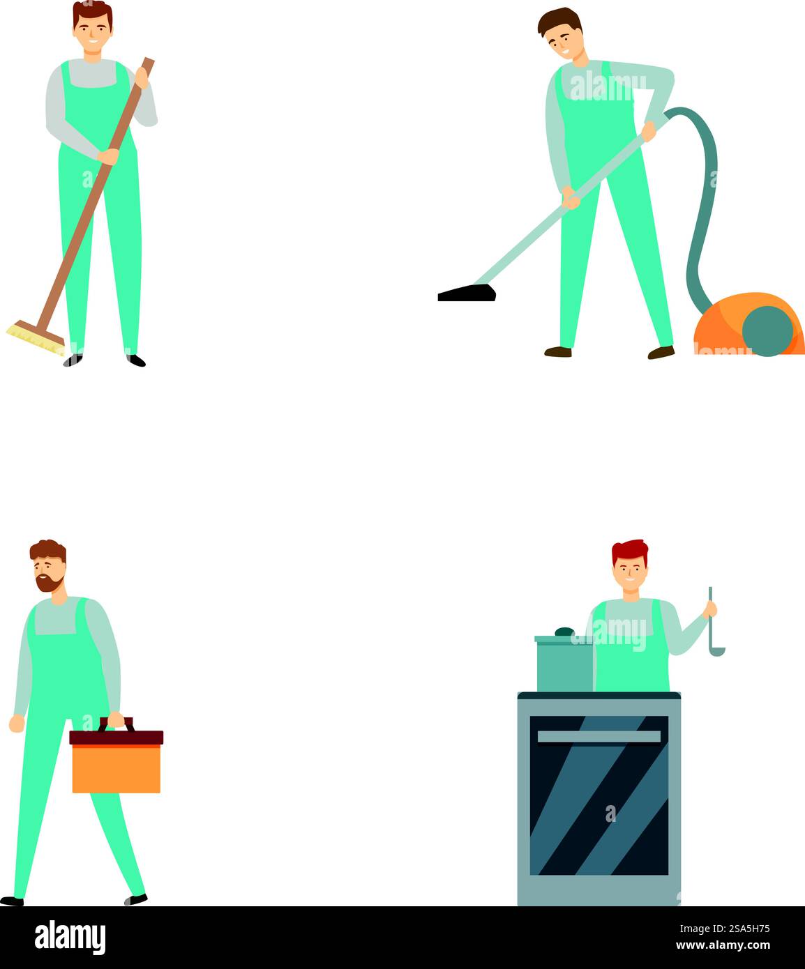 Vector illustrations of a man performing various cleaning tasks with ...