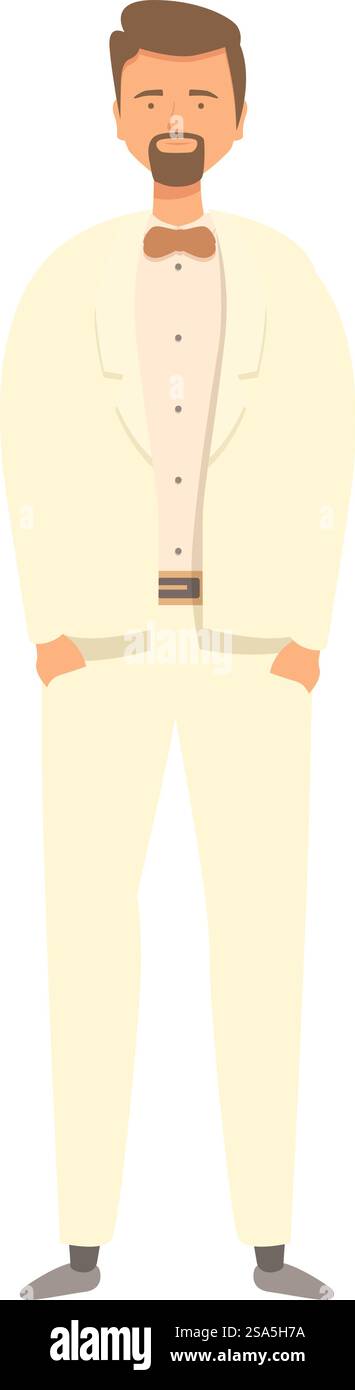 Elegant groom wearing cream suit standing with hands in pockets ...