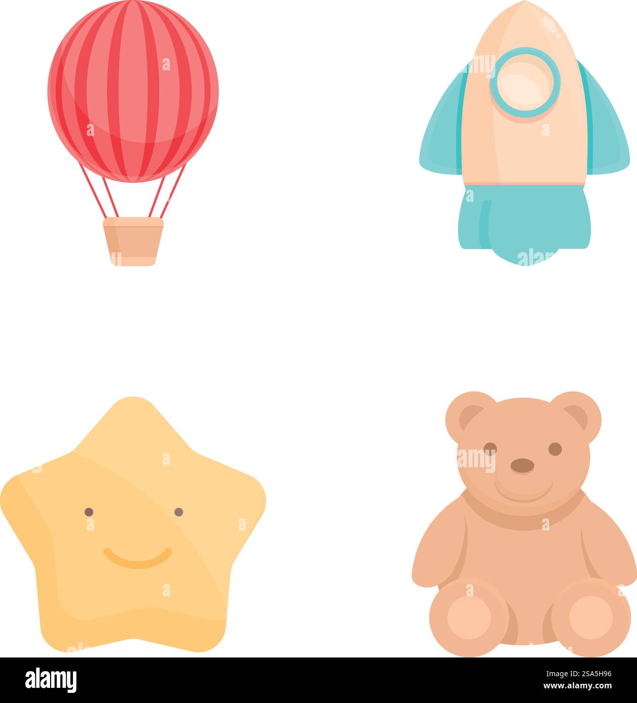 Vector illustration of colorful cartoon toys, hot air balloon, rocket ...