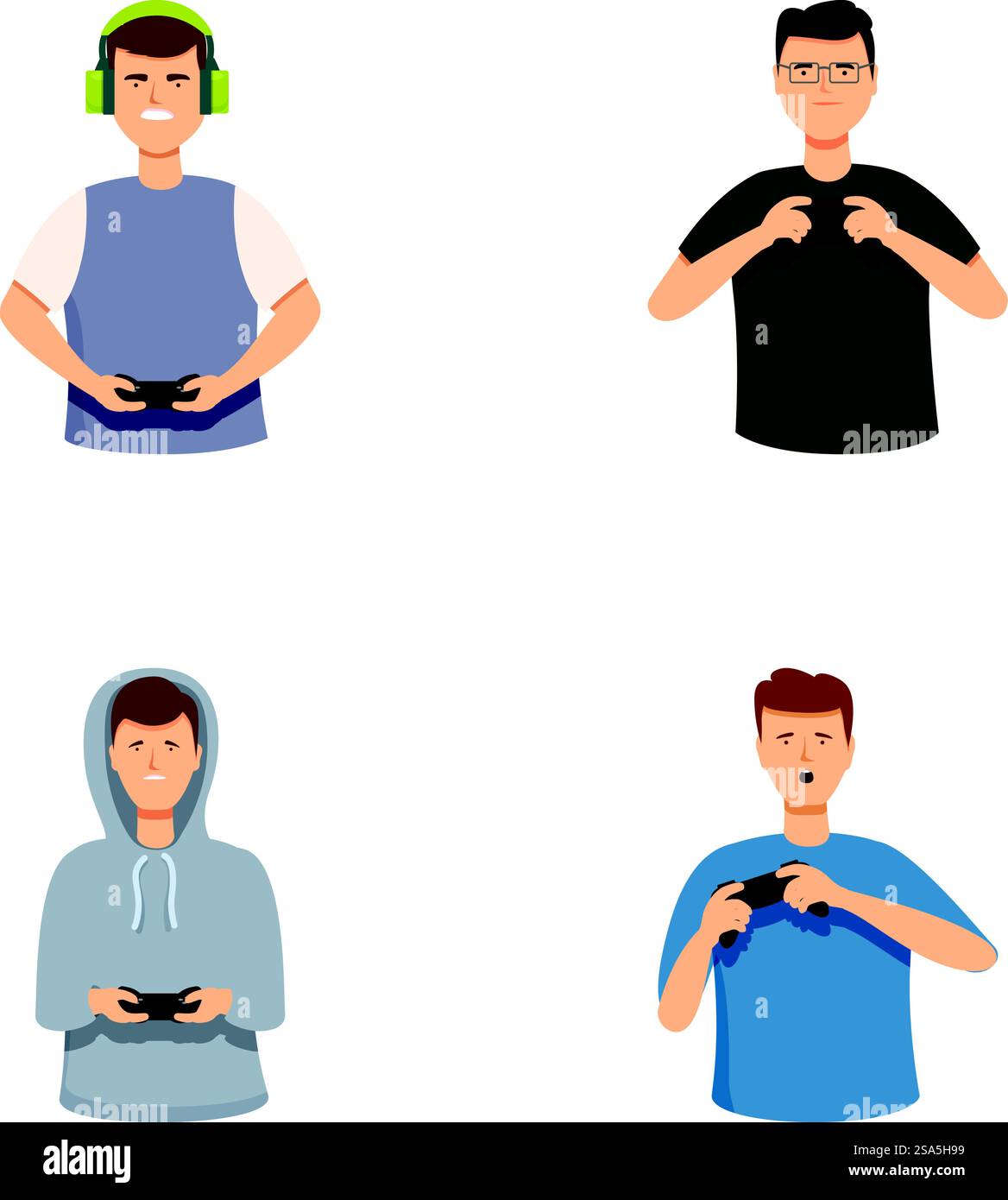Set of illustrations featuring different people holding game ...