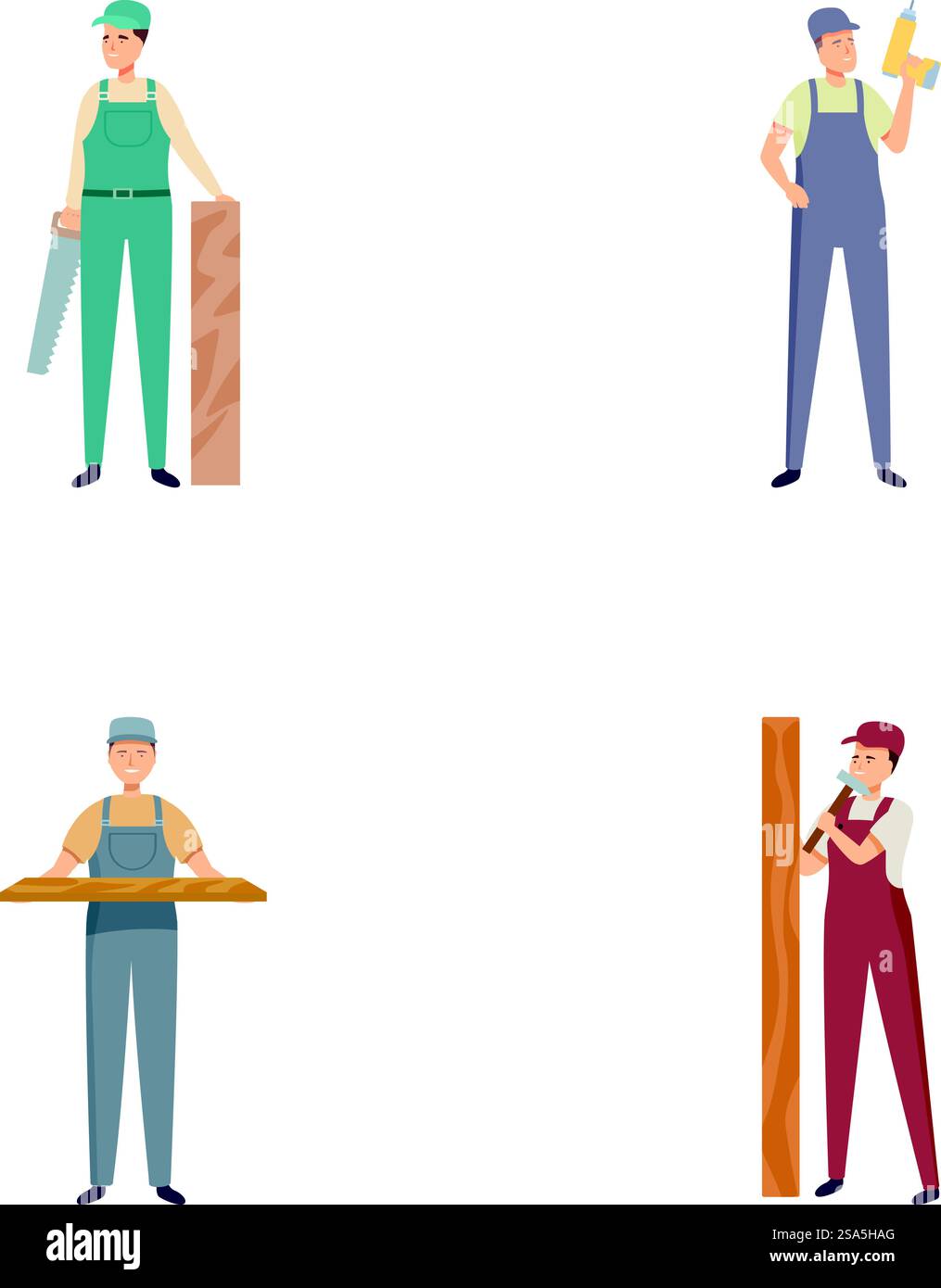 Illustration collection featuring four carpenters with various tools ...