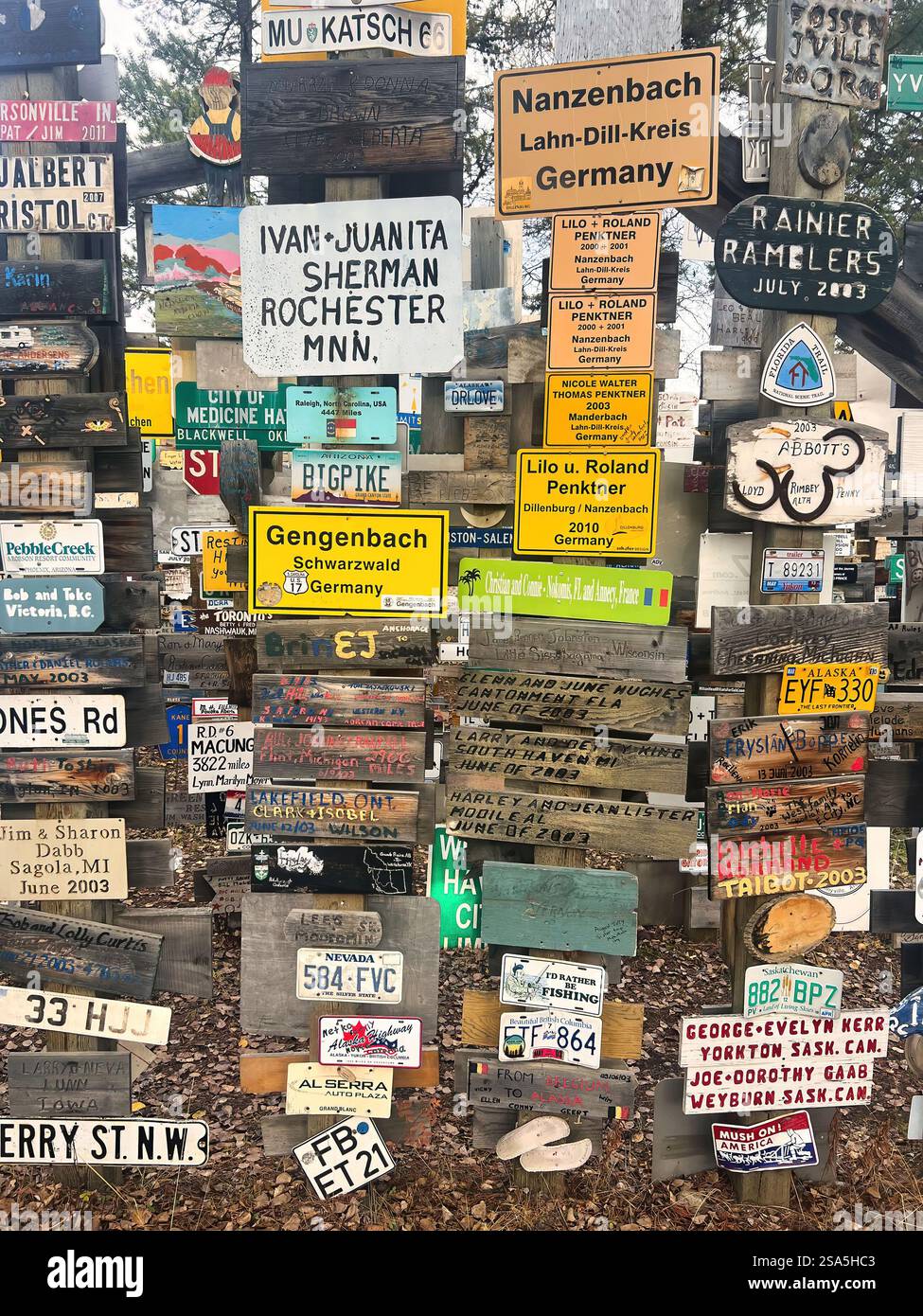 Watson Lake, Canada - October 9, 2024: Different signs and license ...