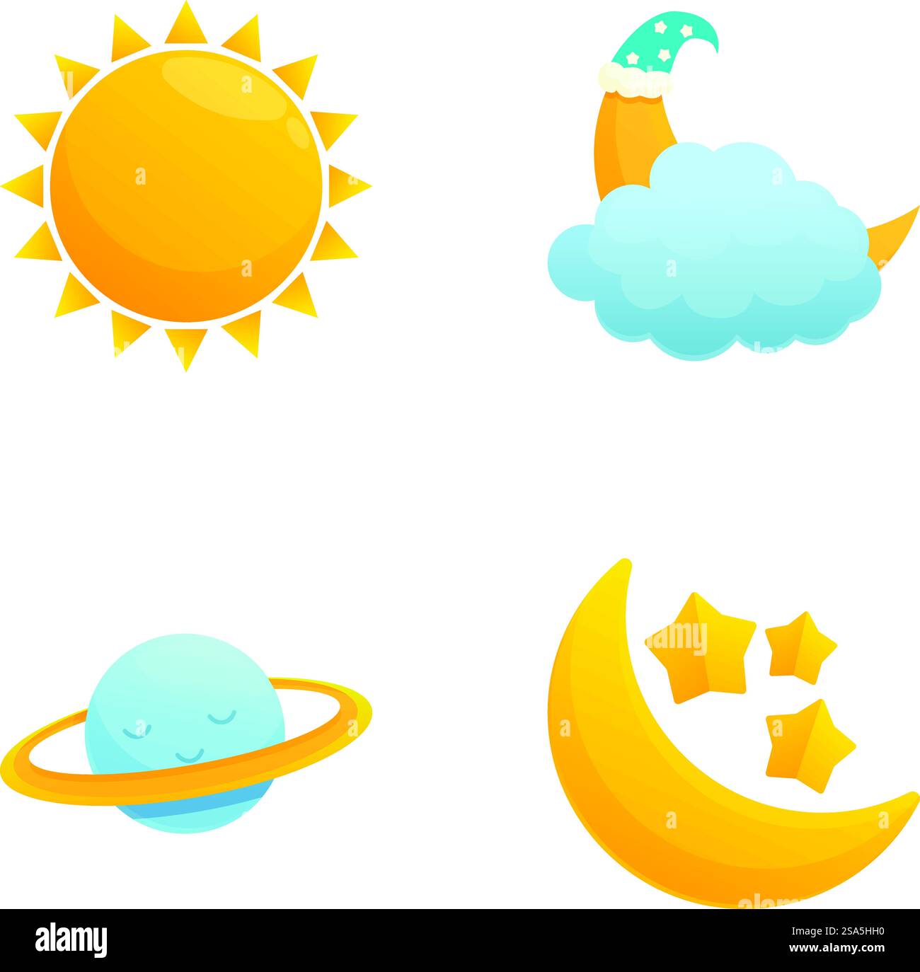 Colorful collection of cartoonstyle weather and space icons including ...