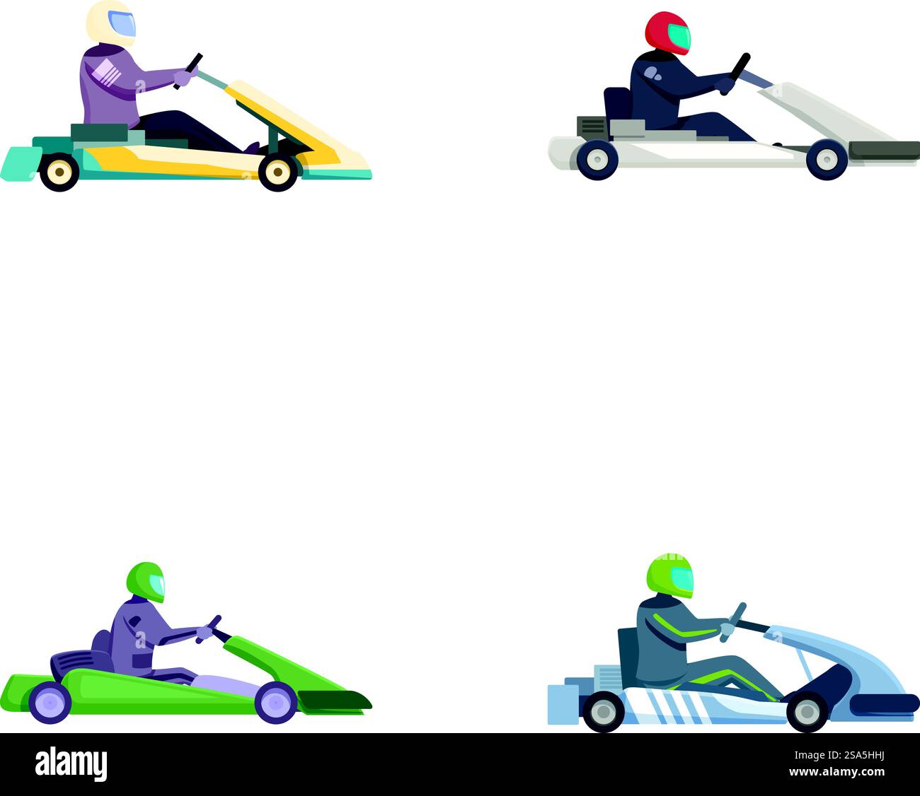 Collection of four gokart racing illustrations with drivers in different colored karts. Set of ...