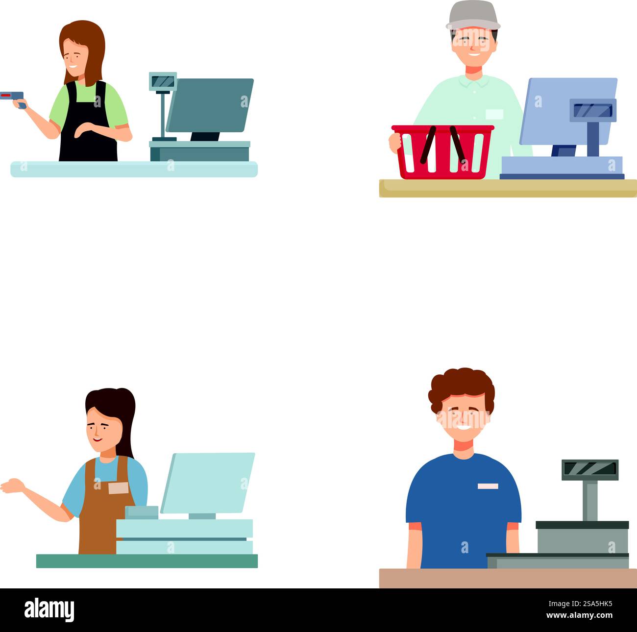 Four vector illustrations showing individuals in various checkout ...