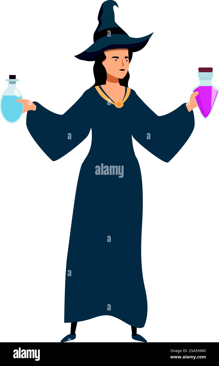 Young witch is comparing two different magic potions, one blue and one ...