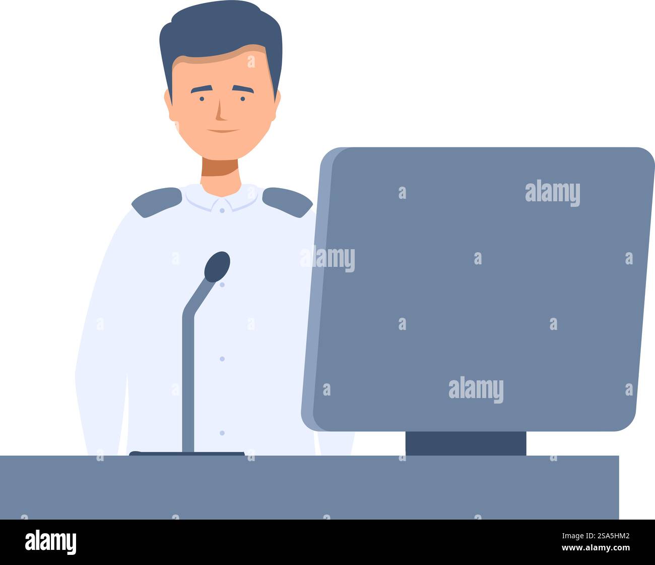 Security officer is speaking into a microphone from behind a desk ...