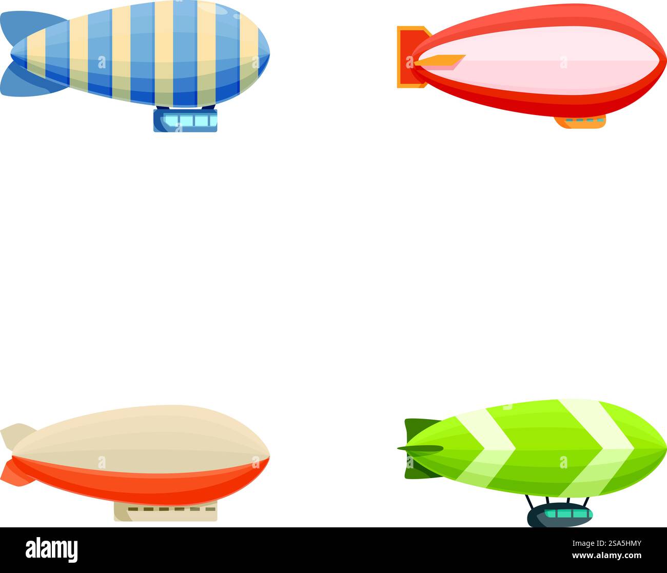 Collection of four whimsically designed cartoon airships and blimps ...