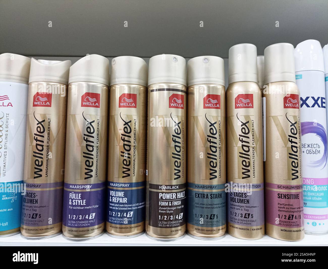 Variety of wella wellaflex hairsprays on store shelf Stock Photo - Alamy