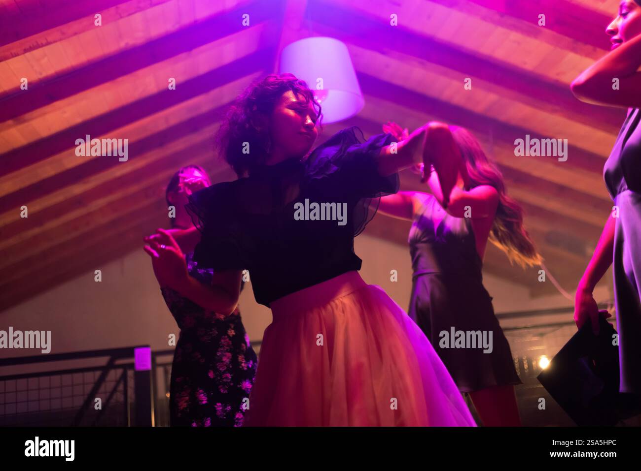 A dynamic party scene in a chic loft with friends dancing under vibrant ...