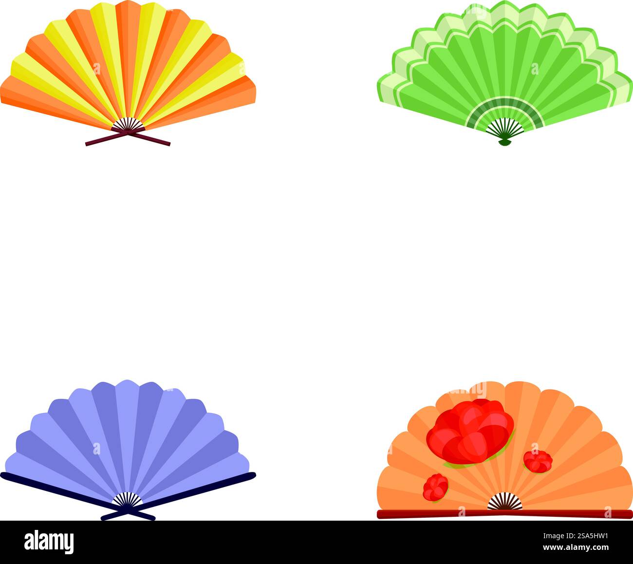 Collection of four illustrated hand fans in various colors and designs ...